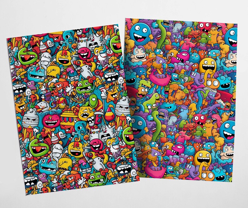 Happy Doodle Character Digital Paper Pack | 20 Colorful Doodle ...
