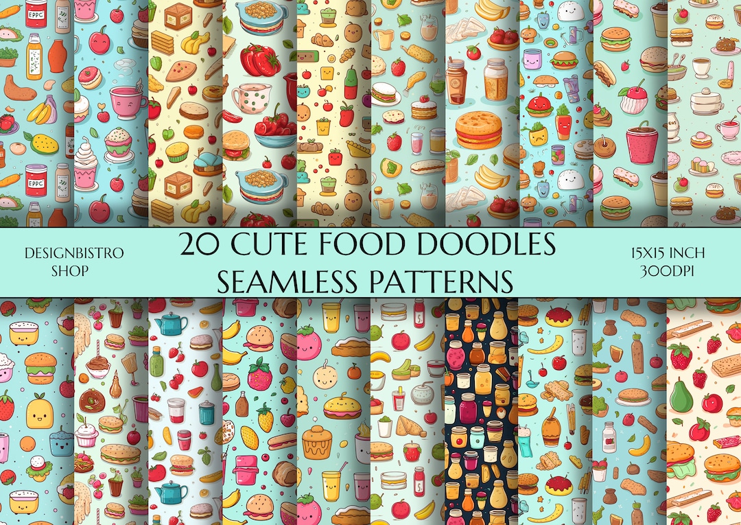 Cute Food Doodles Seamless Patterns | 20 Colorful Food Seamless ...