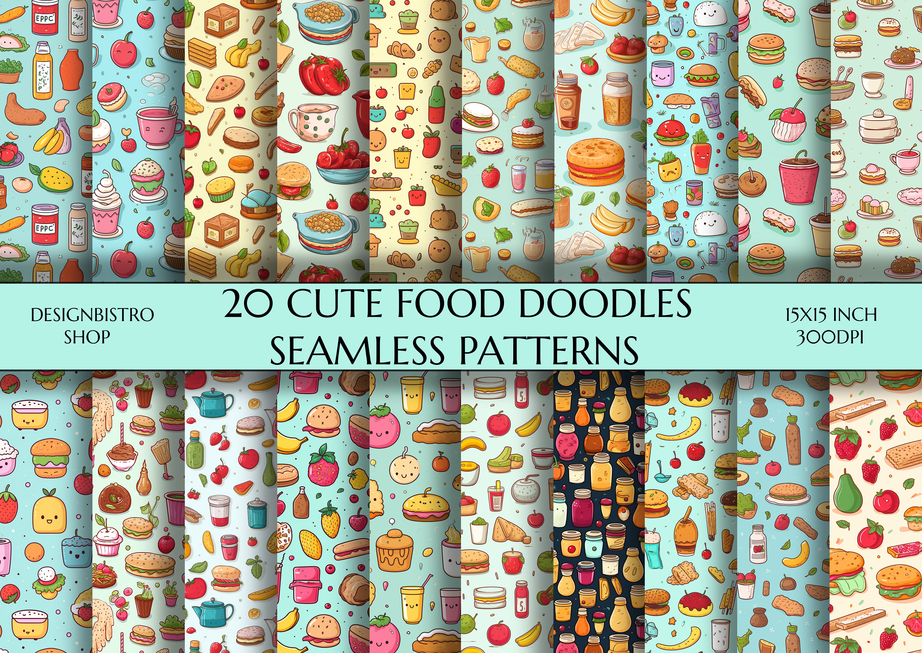 Cute Food Doodles Seamless Patterns | 20 Colorful Food Seamless ...