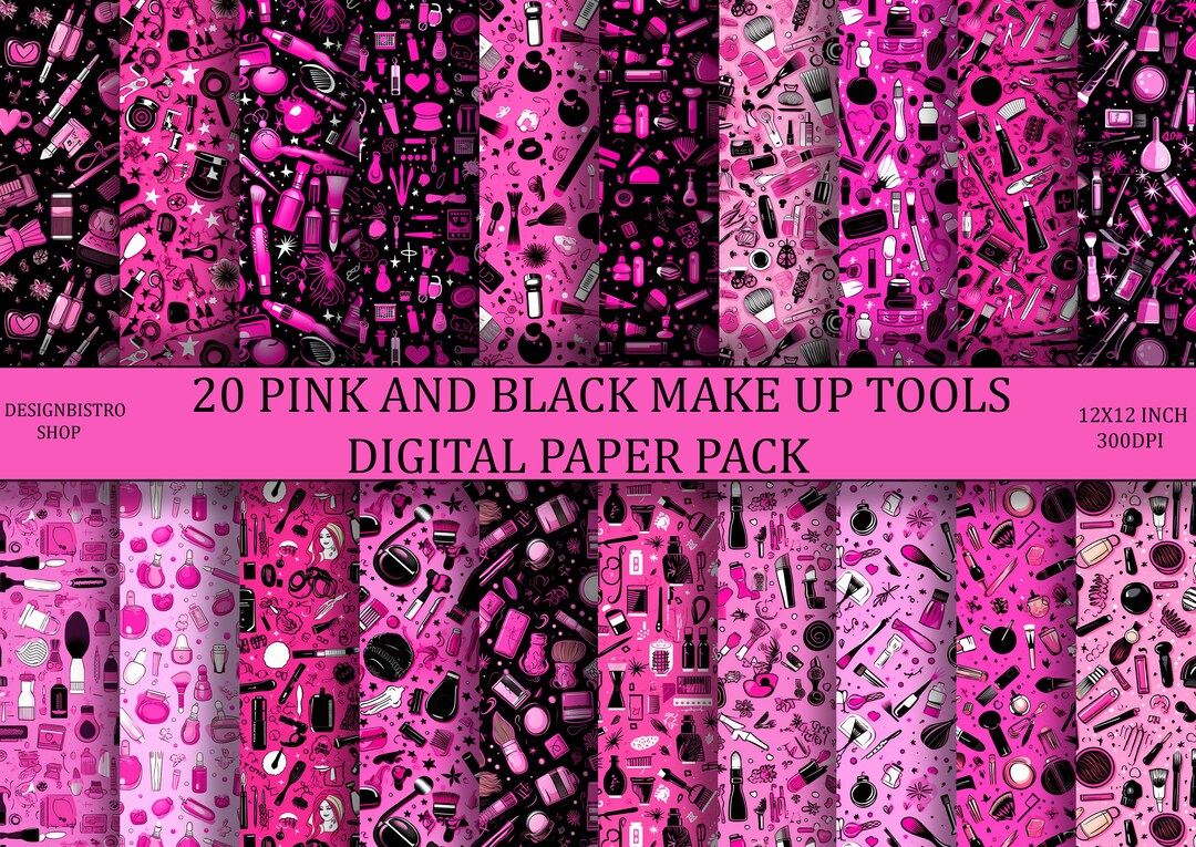 Pink and Black Make up Tools Digital Paper Pack | 20 Barbie Style ...