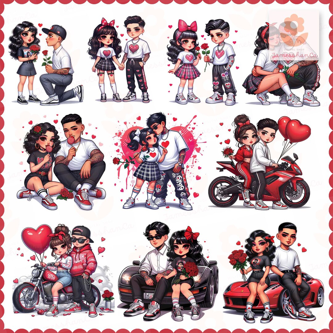 10 Couple Valentine Cholo PNG Bundle, Cholo Valentine Design, Spanish ...