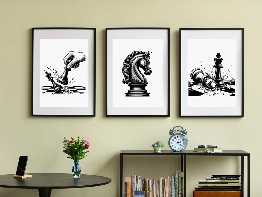 Chess Line Drawing Illustrations Set, Chess Piece Posters, Chess Player ...