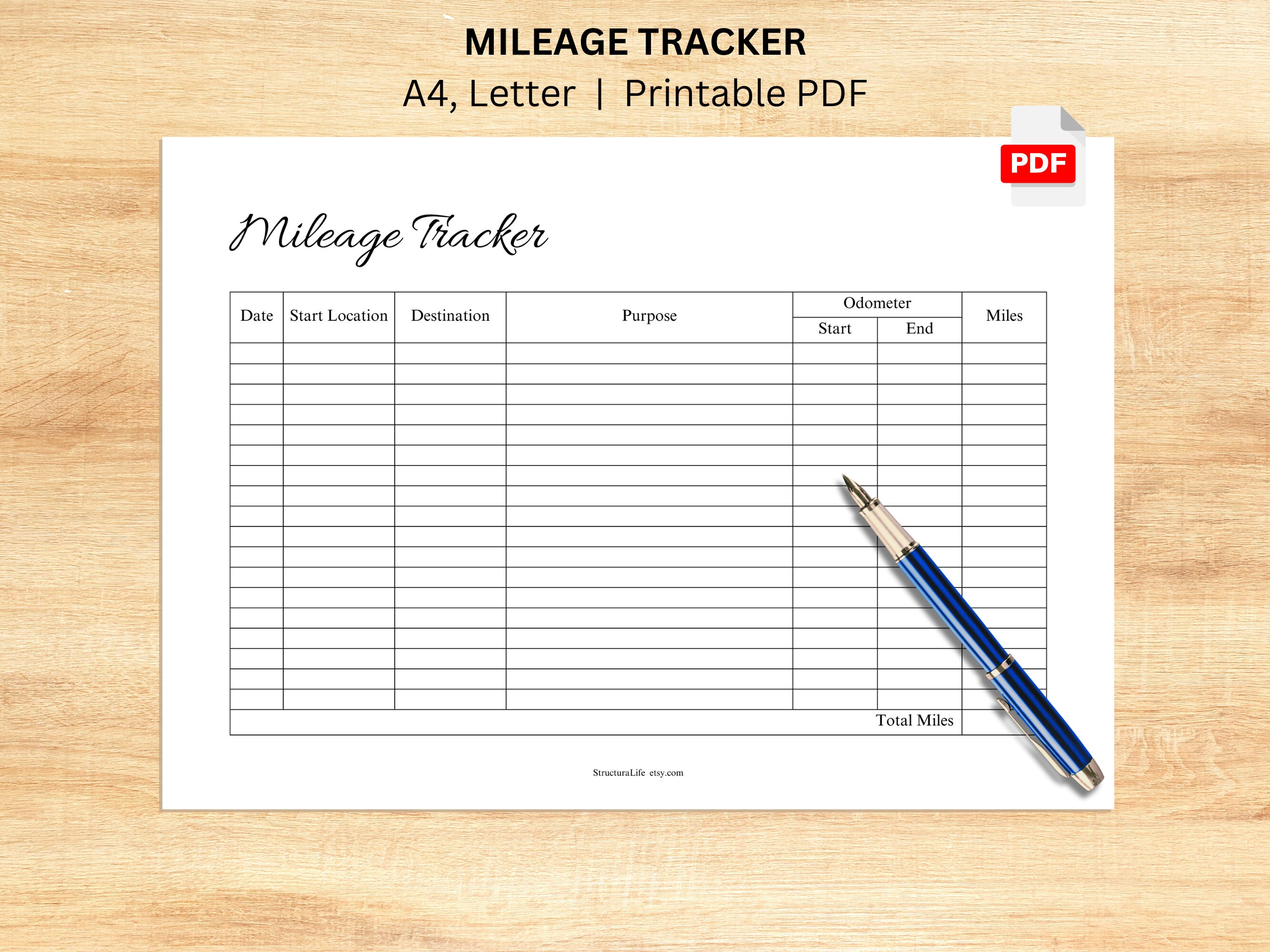 Printable Vehicle Mileage Tracker Detailed Car Travel Miles Tracking ...