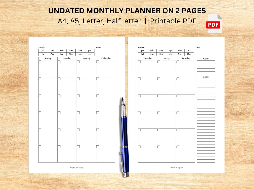 Monthly Planner Page Printable | Undated | 2-page | Monday and Sunday ...