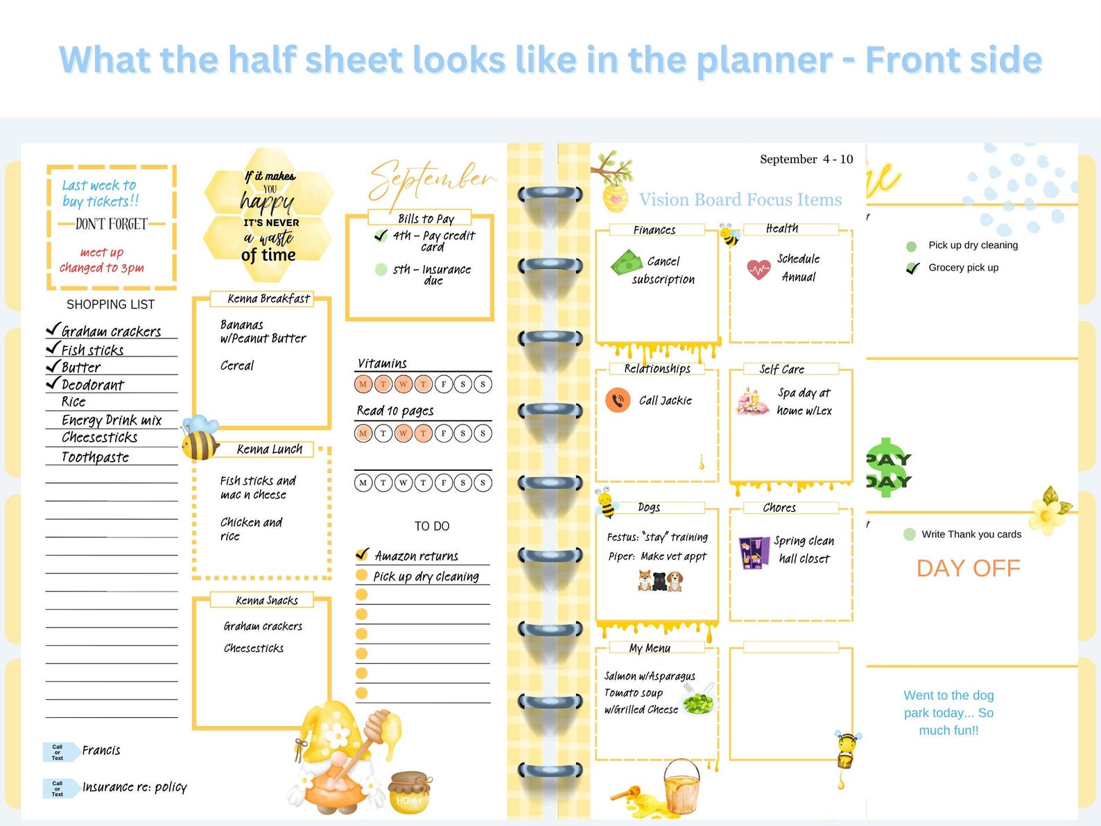 Bee Gnomes Weekly Planner Insert; 2 Page Dashboard Layout for HP ...