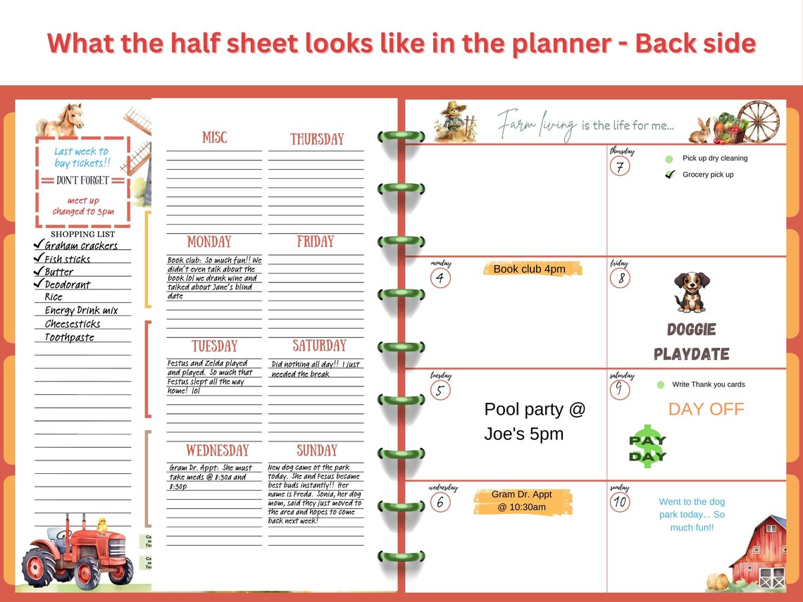 Farm Animals Weekly Planner Insert; 2 Page Dashboard Layout for HP ...