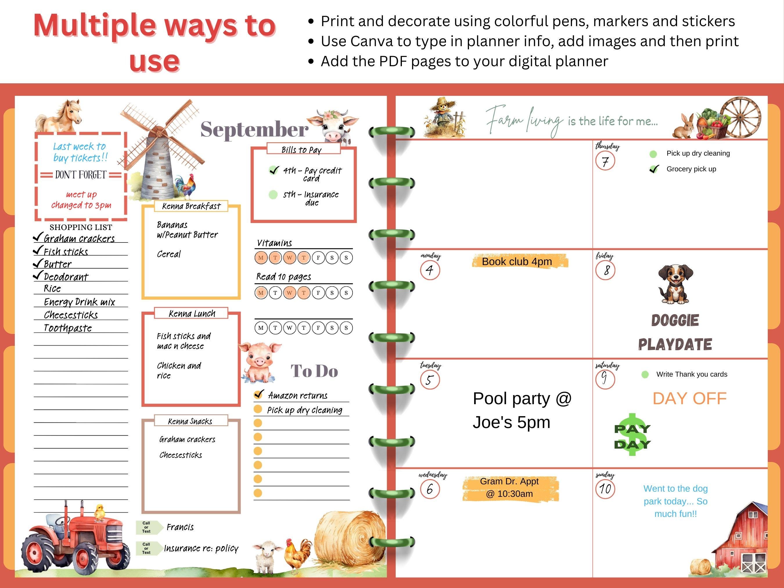 Farm Animals Weekly Planner Insert; 2 Page Dashboard Layout for HP ...