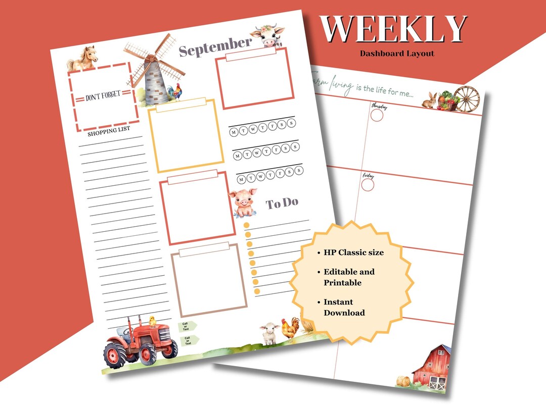 Farm Animals Weekly Planner Insert; 2 Page Dashboard Layout for HP ...