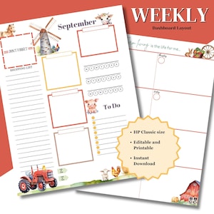 Farm Animals Weekly Planner Insert; 2 Page Dashboard Layout for HP ...