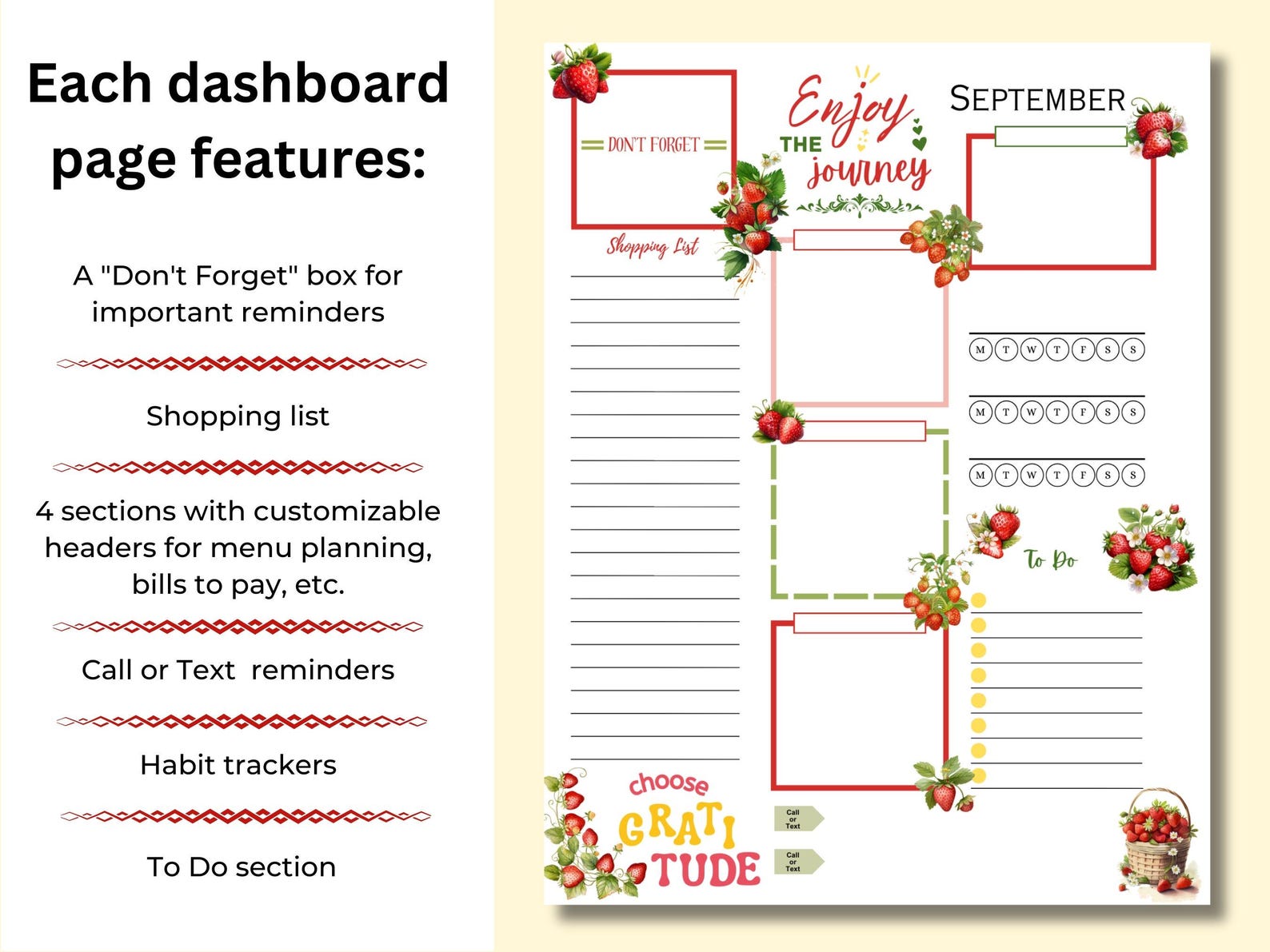 Strawberries Weekly Planner Insert; 2 Page Dashboard Layout for HP ...