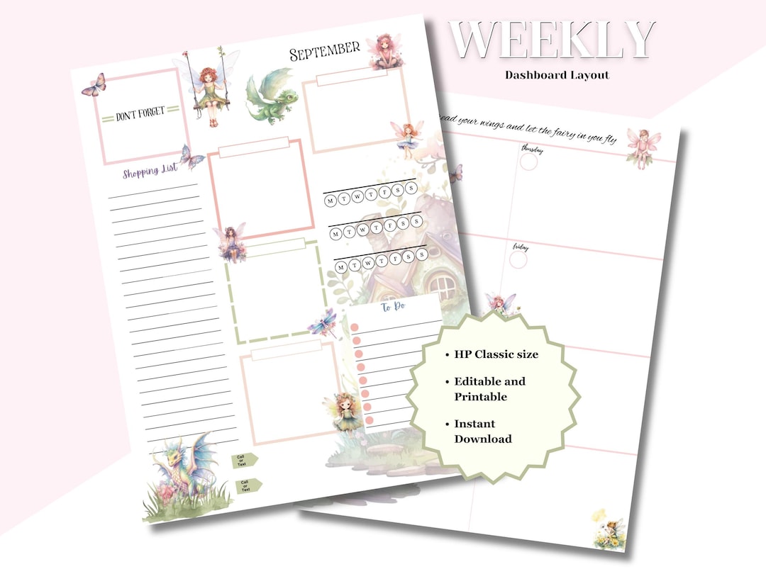 Fairies Weekly Planner Insert; 2 Page Dashboard Layout for HP Classic ...