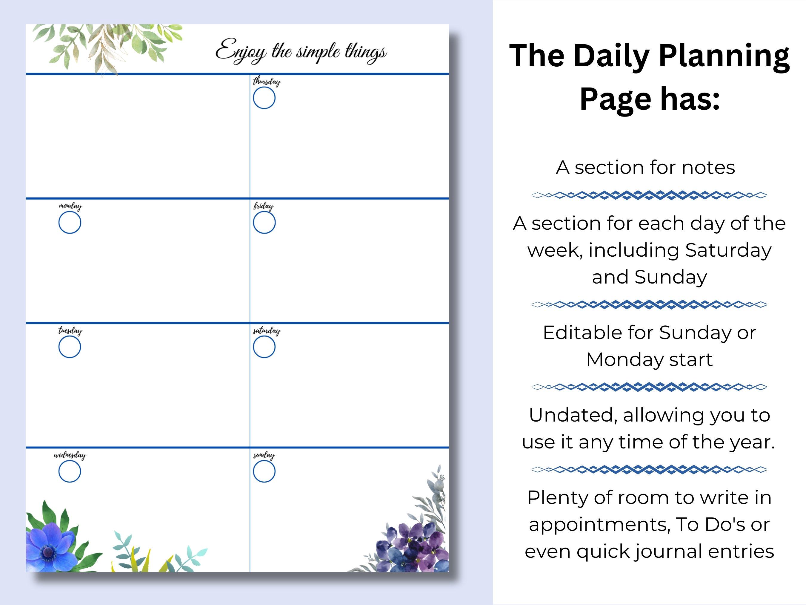 Blue Flowers Weekly Planner Insert; 2 Page Dashboard Layout for HP ...