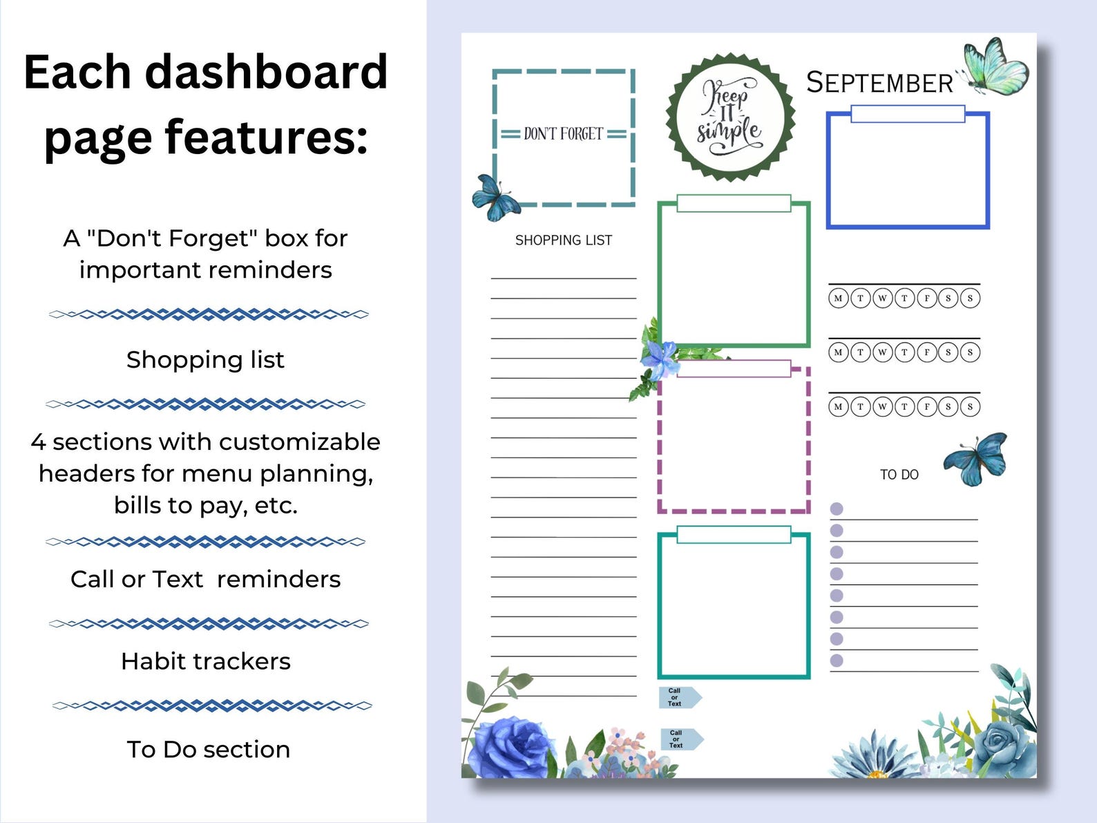 Blue Flowers Weekly Planner Insert; 2 Page Dashboard Layout for HP ...