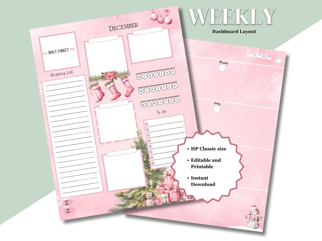 Pink Christmas Weekly Planner Insert 2 Page Dashboard Layout for HP ...