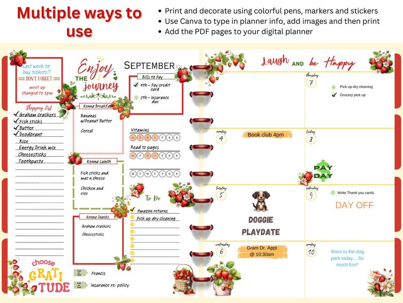Strawberries Weekly Planner Insert; 2 Page Dashboard Layout for HP ...
