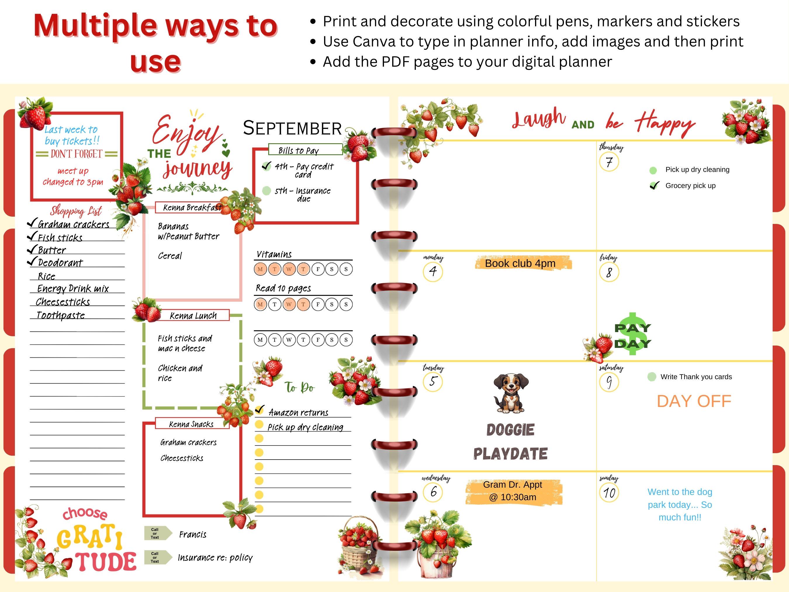 Strawberries Weekly Planner Insert 2 Page Dashboard Layout for A5 and ...