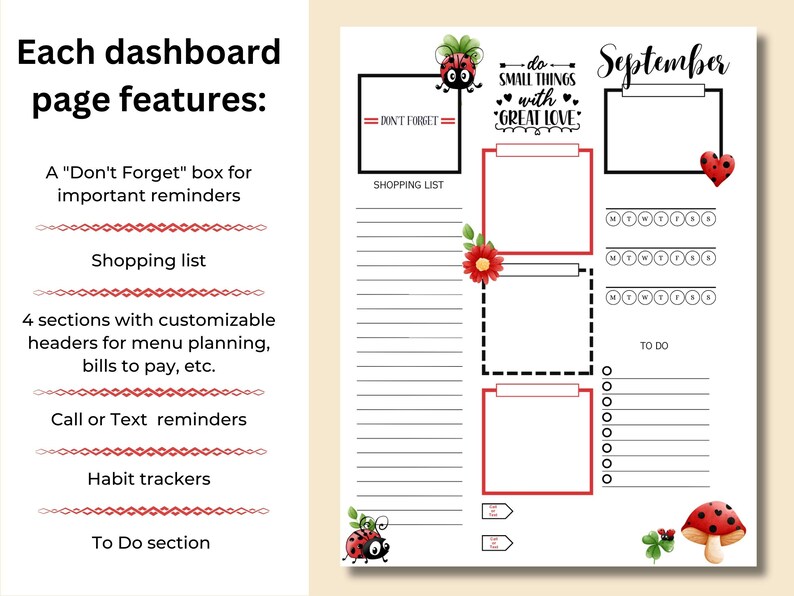 Ladybugs Weekly Planner Insert; 2 Page Dashboard Layout for HP Classic ...
