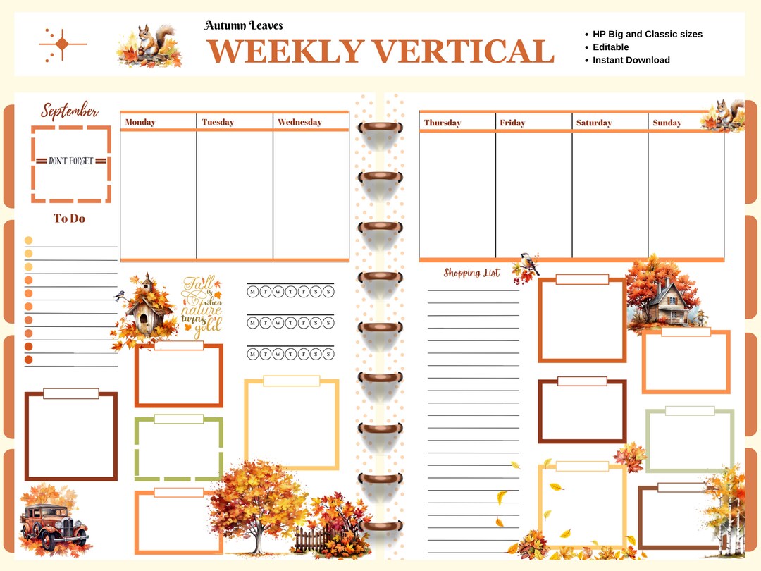 Autumn Leaves Weekly Planner Insert, 2 Page Vertical Layout for Happy ...