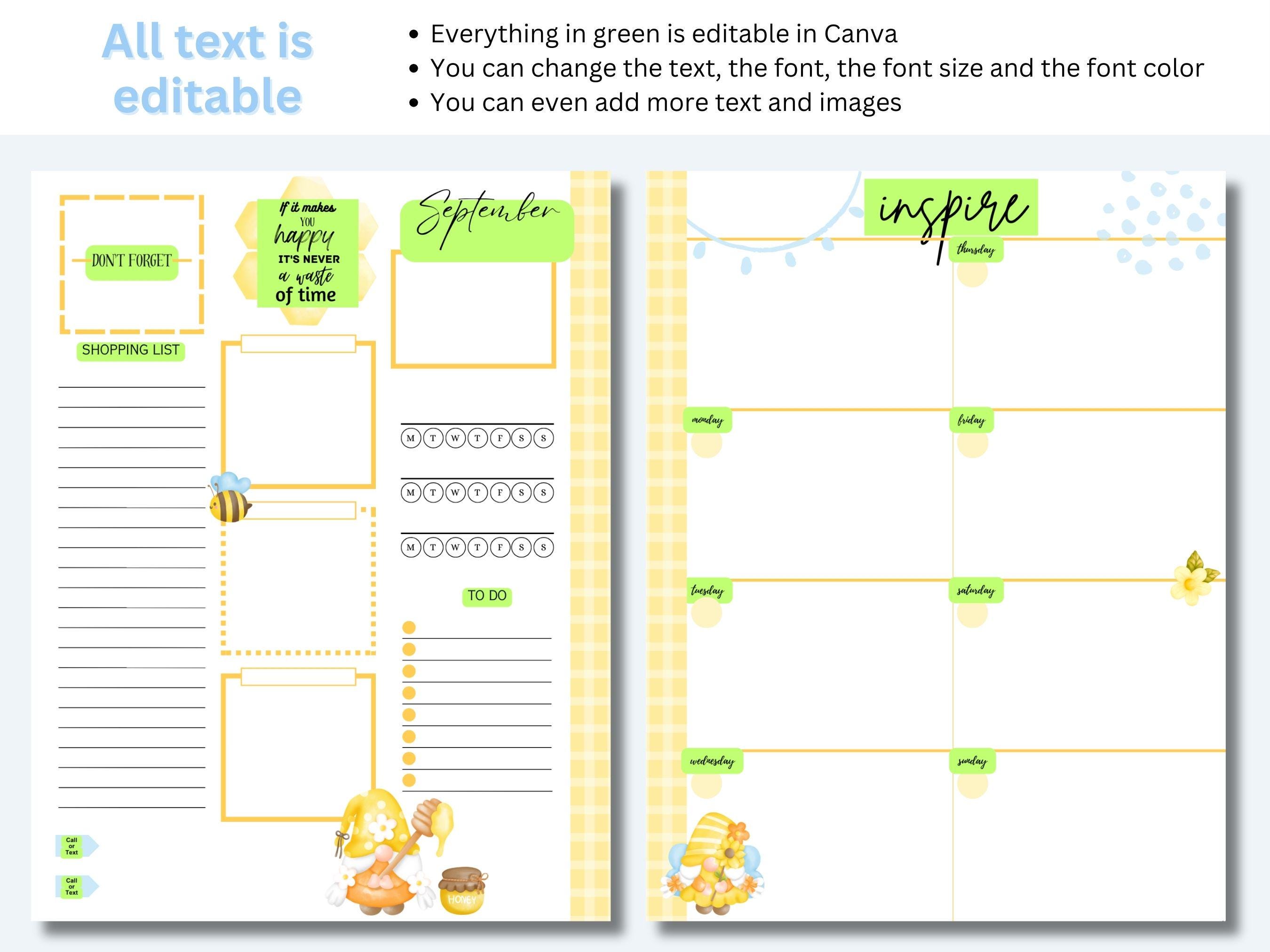 Bee Gnomes Weekly Planner Insert; 2 Page Dashboard Layout for HP ...