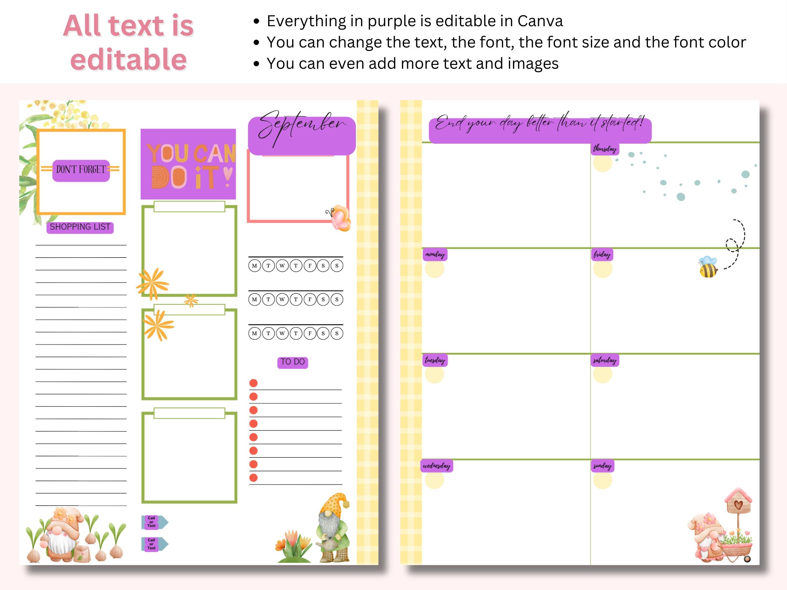 Garden Gnomes Weekly Planner Insert; 2 Page Dashboard Layout for HP ...