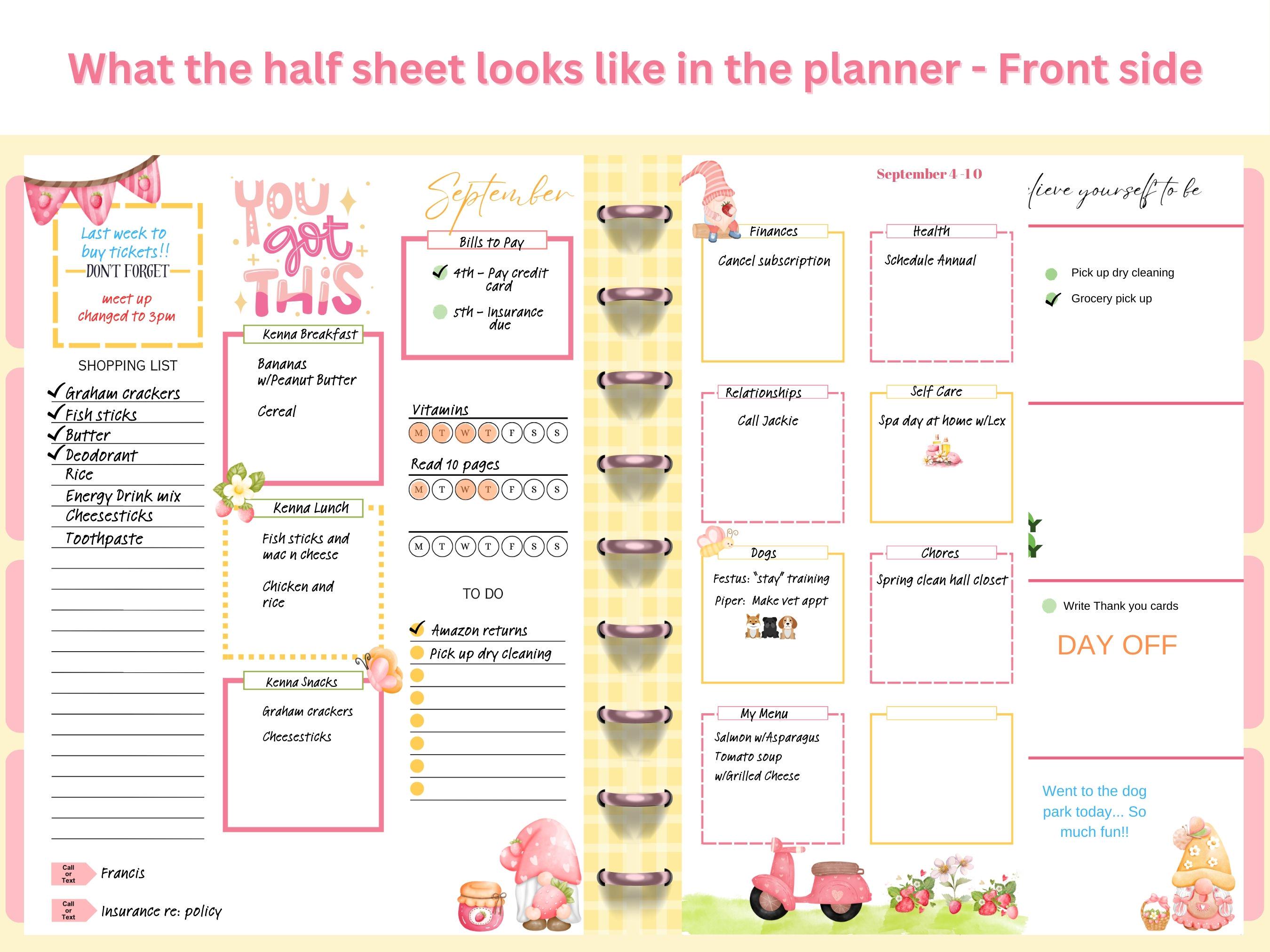 Strawberry Gnomes Weekly Planner Insert; 2 Page Dashboard Layout for HP ...