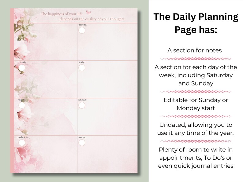 Pink Florals Weekly Planner Insert; 2 Page Dashboard Layout for HP ...