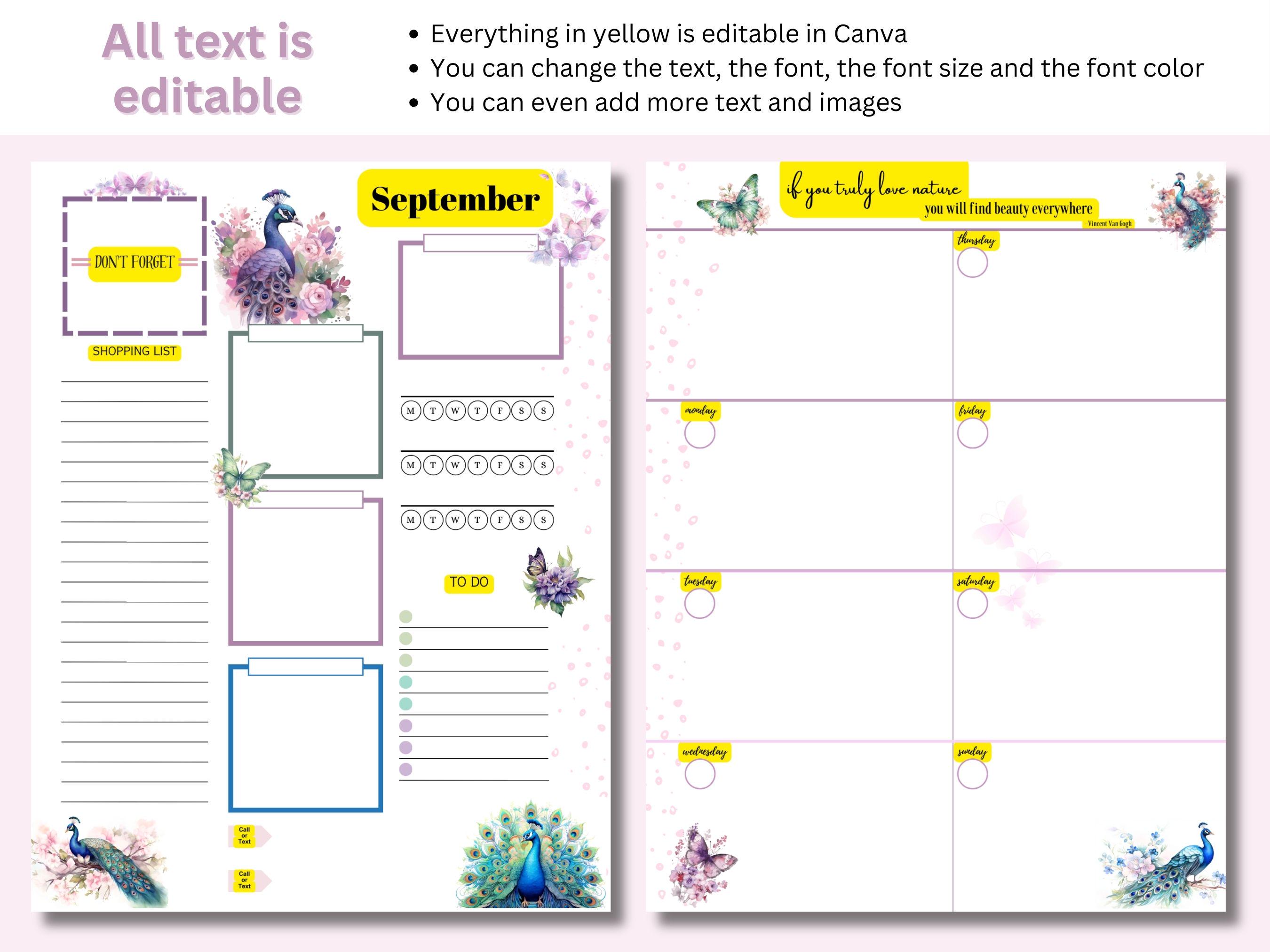 Peacocks Weekly Planner Insert; 2 Page Dashboard Layout for HP Classic ...