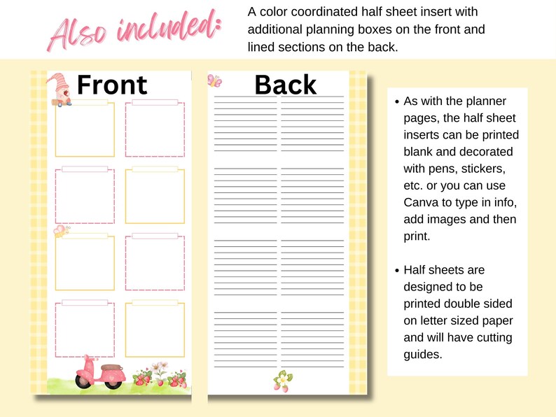 Strawberry Gnomes Weekly Planner Insert; 2 Page Dashboard Layout for HP ...
