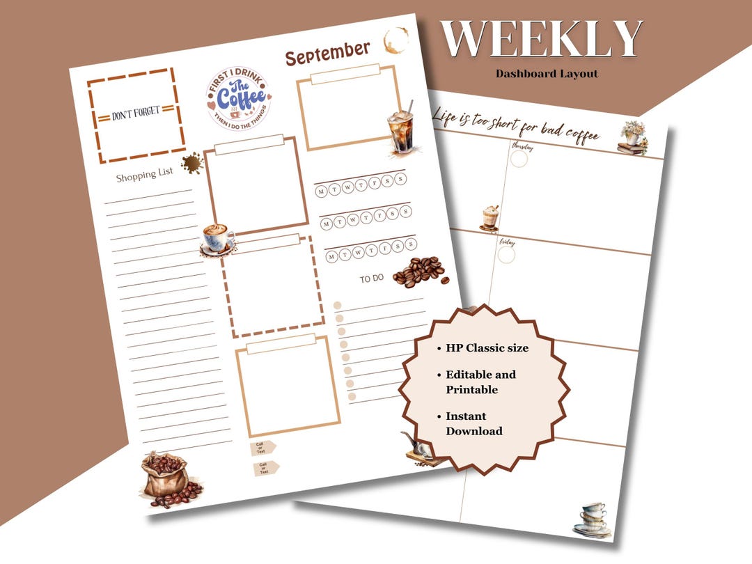 Coffee Weekly Planner Insert; 2 Page Dashboard Layout for HP Classic ...