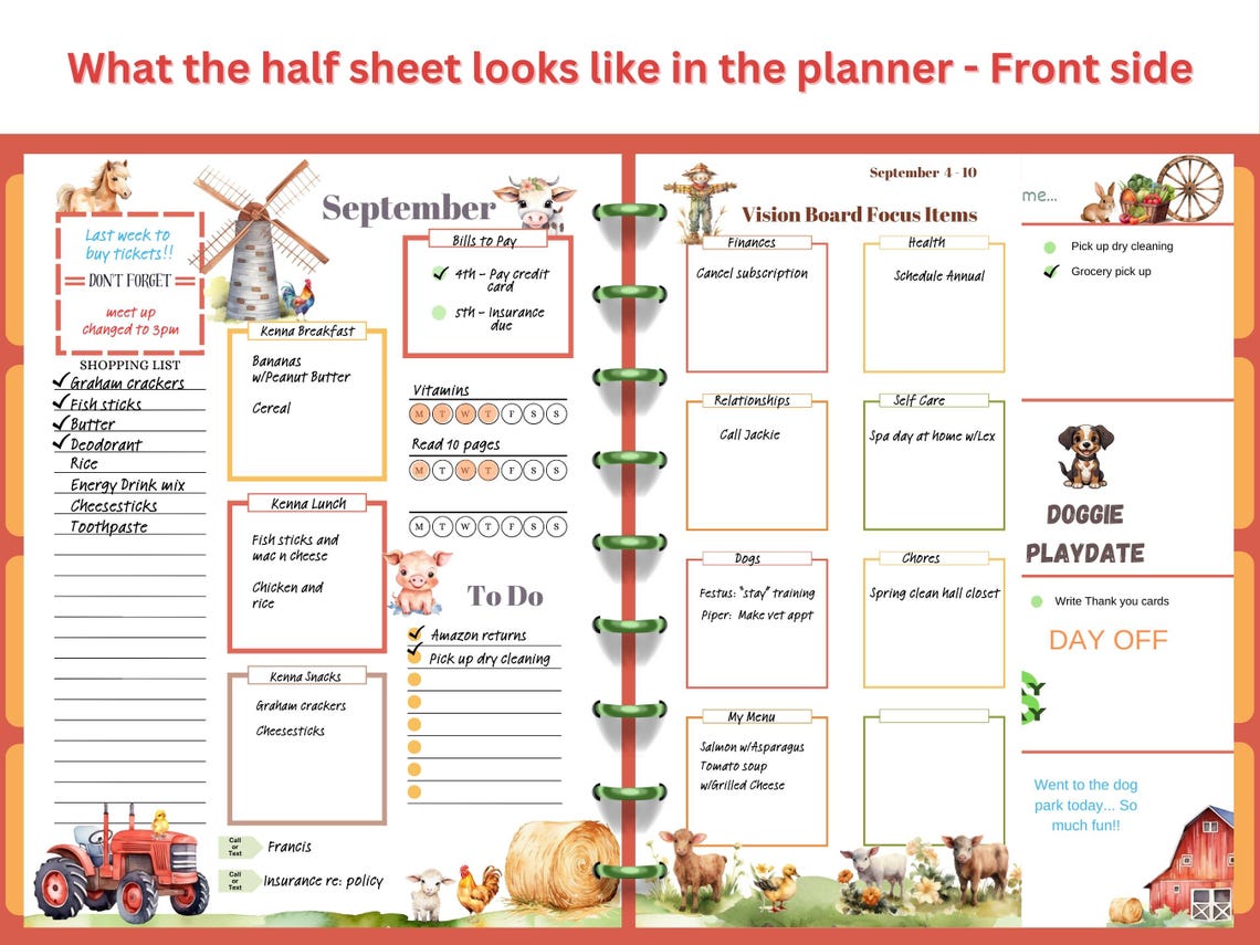 Farm Animals Weekly Planner Insert; 2 Page Dashboard Layout for HP ...
