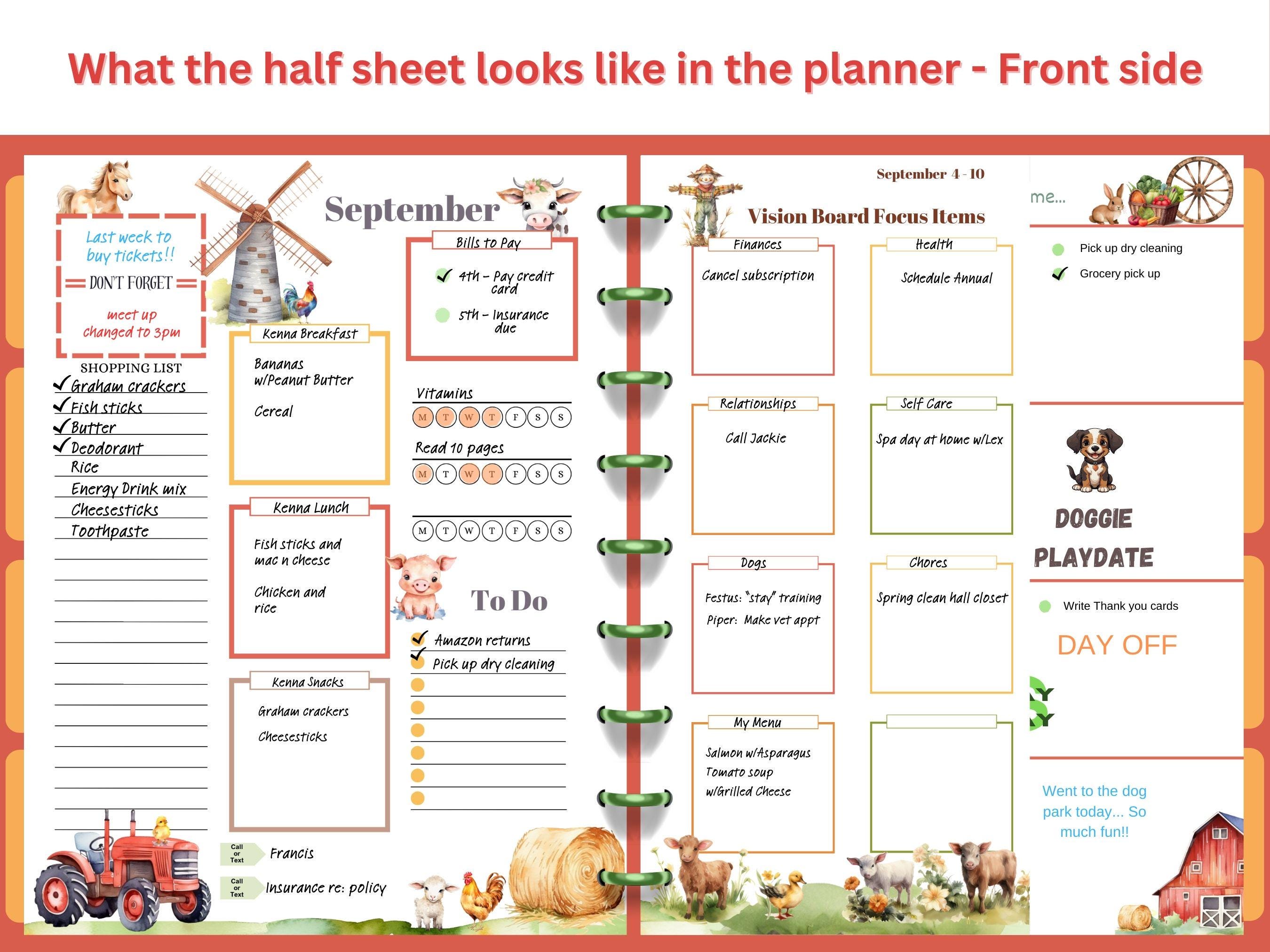Farm Animals Weekly Planner Insert; 2 Page Dashboard Layout for HP ...