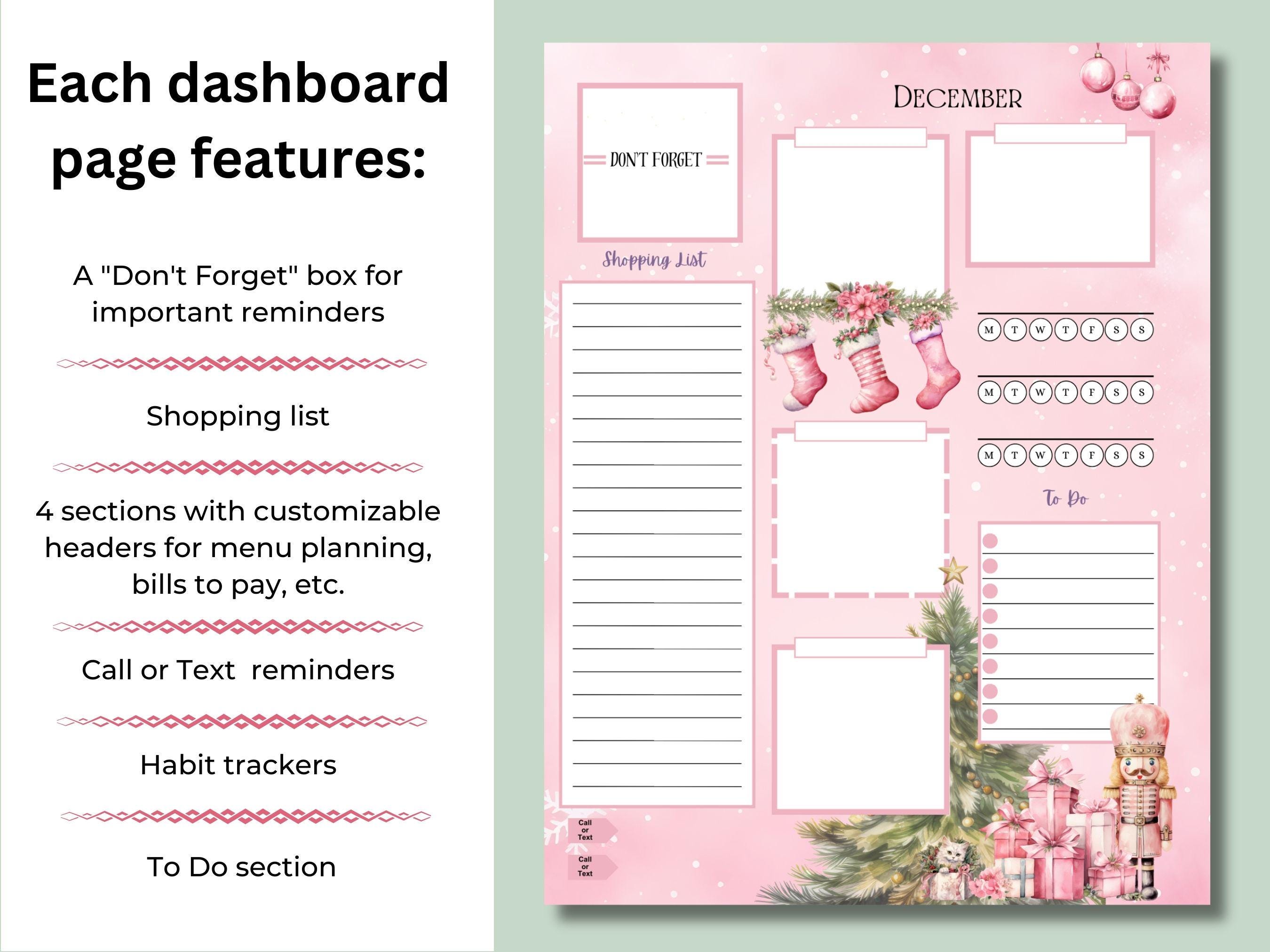 Pink Christmas Weekly Planner Insert 2 Page Dashboard Layout for HP ...