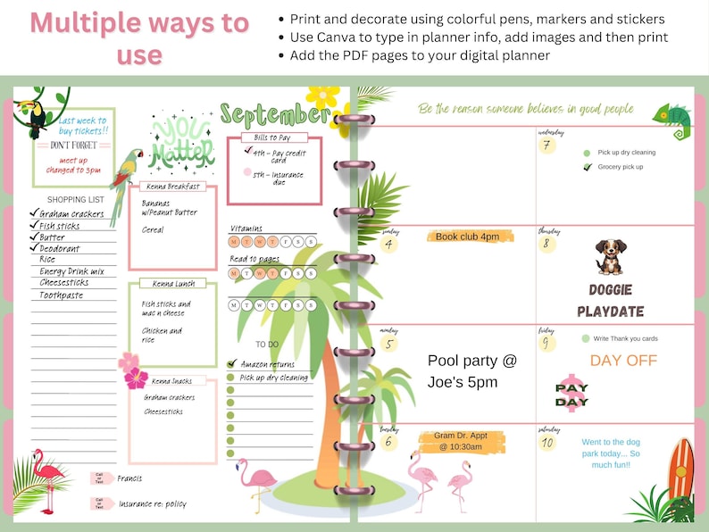 Tropical Weekly Planner Insert; 2 Page Dashboard Layout for HP Classic ...