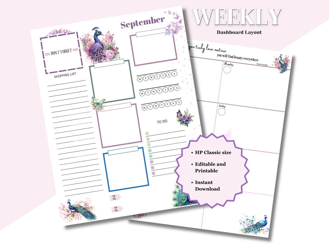 Peacocks Weekly Planner Insert; 2 Page Dashboard Layout for HP Classic ...