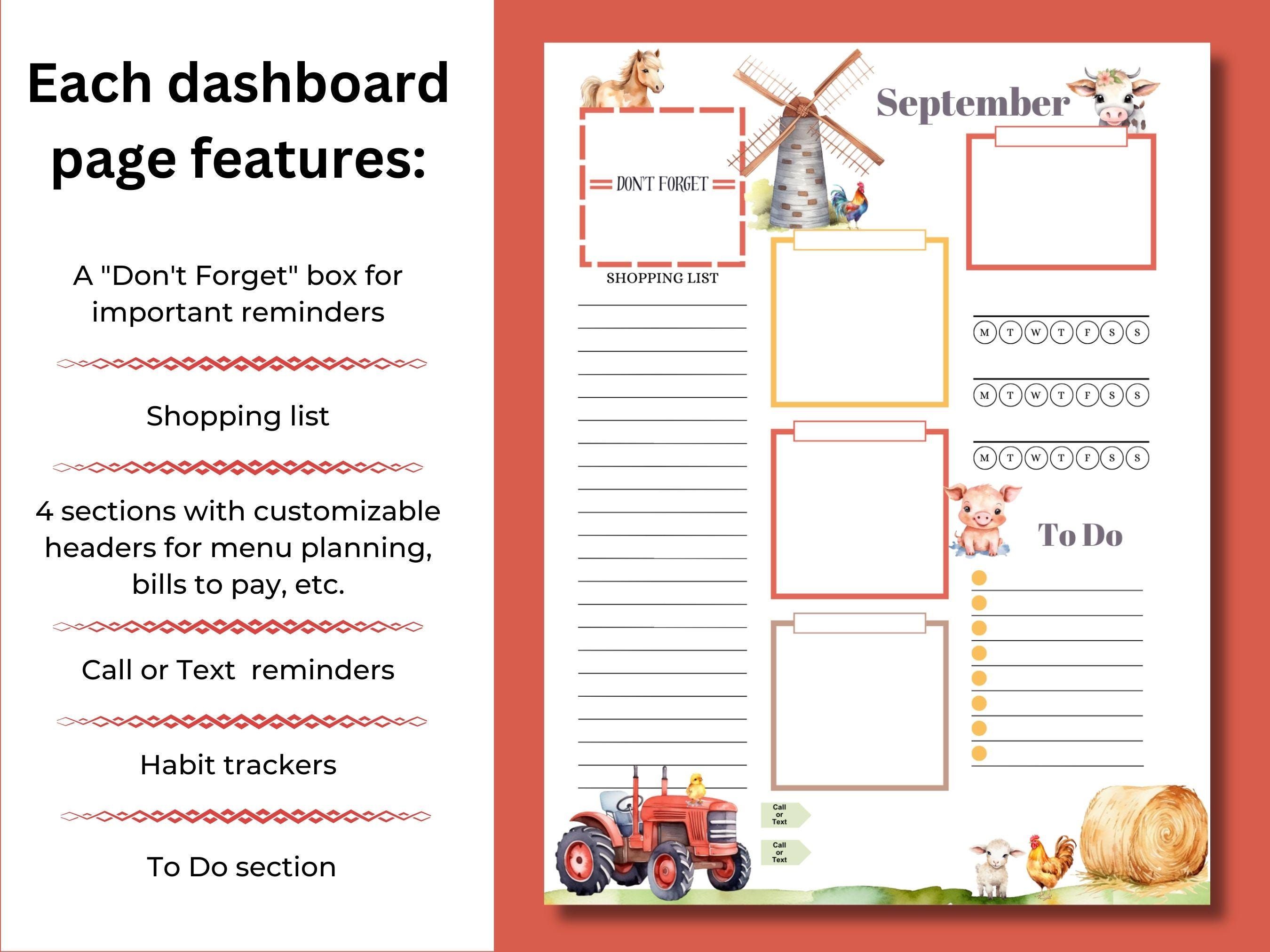 Farm Animals Weekly Planner Insert; 2 Page Dashboard Layout for HP ...