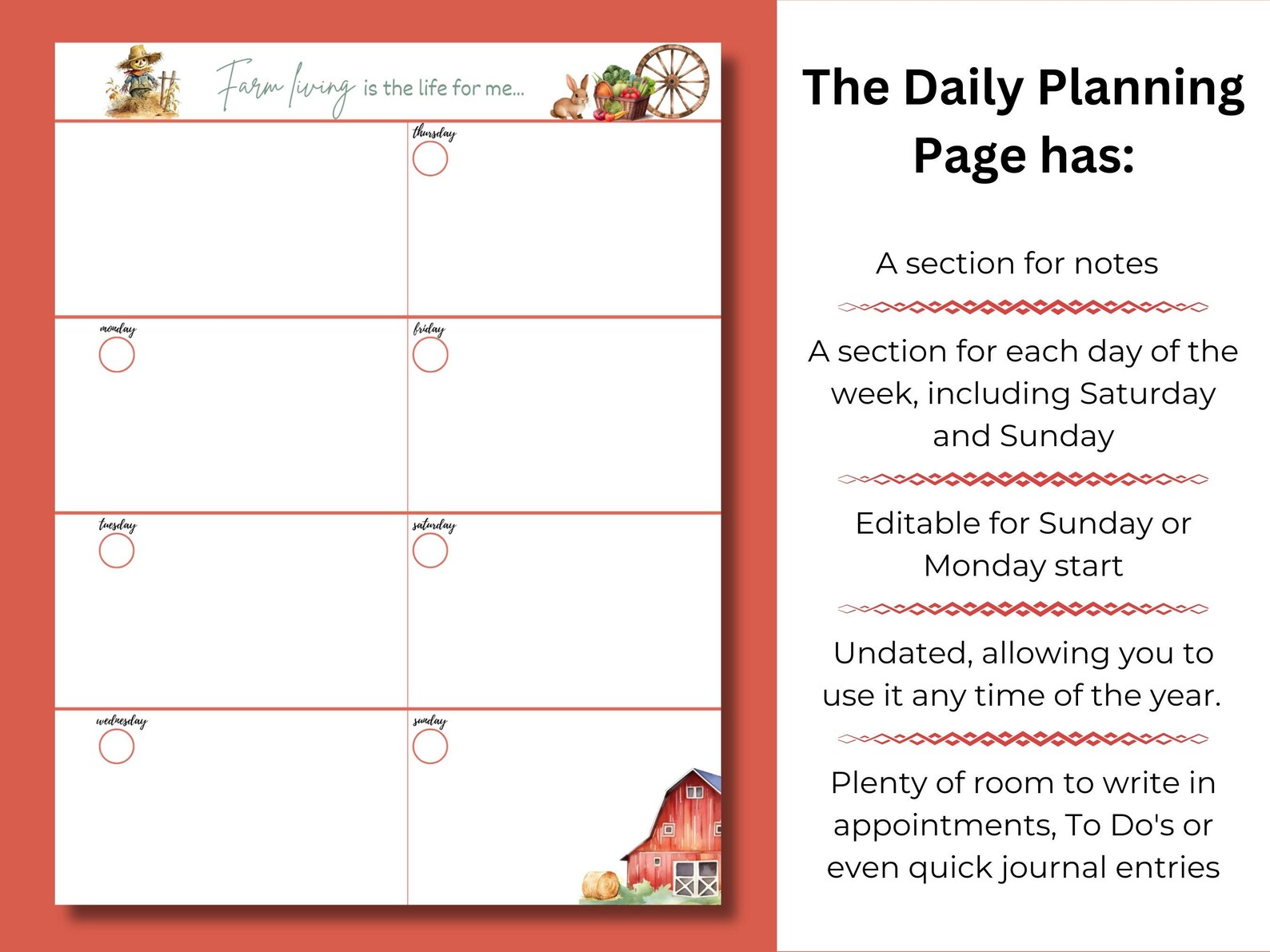 Farm Animals Weekly Planner Insert; 2 Page Dashboard Layout for HP ...