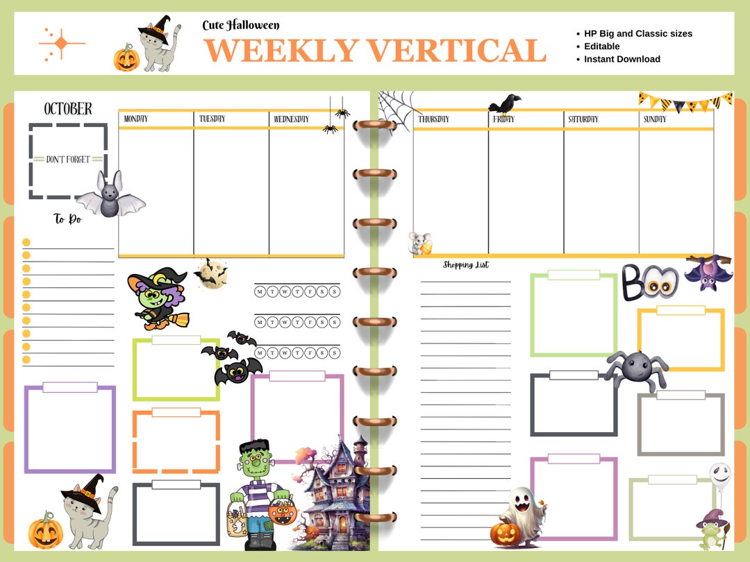 Cute Halloween Weekly Planner Insert, 2 Page Vertical Layout, Happy ...