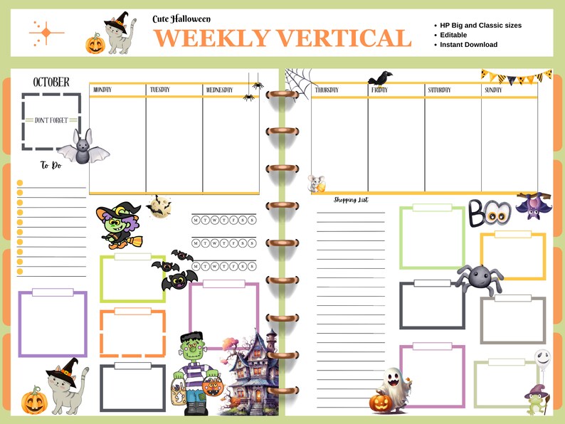 Cute Halloween Weekly Planner Insert, 2 Page Vertical Layout, Happy ...