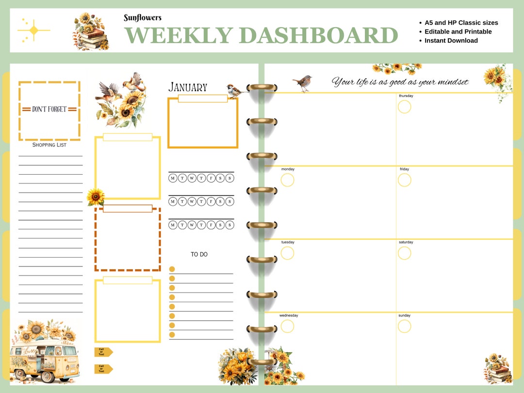 Sunflowers Weekly Planner Insert; 2 Page Dashboard Layout for A5 and HP ...