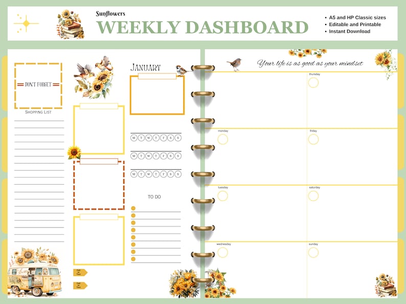 Sunflowers Weekly Planner Insert; 2 Page Dashboard Layout for A5 and HP ...
