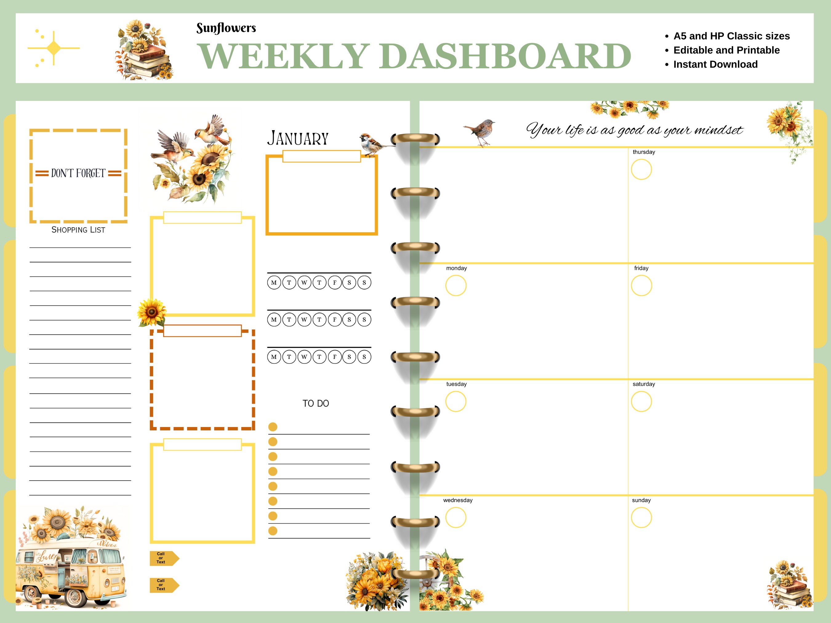 Sunflowers Weekly Planner Insert; 2 Page Dashboard Layout for A5 and HP ...