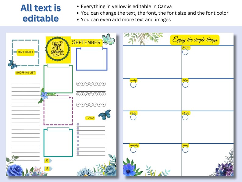 Blue Flowers Weekly Planner Insert; 2 Page Dashboard Layout for HP ...