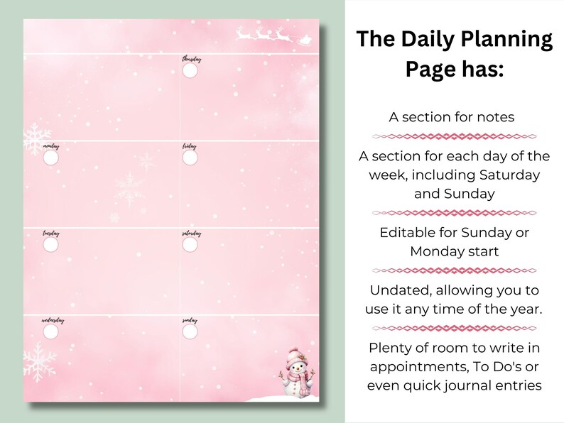 Pink Christmas Weekly Planner Insert 2 Page Dashboard Layout for HP ...