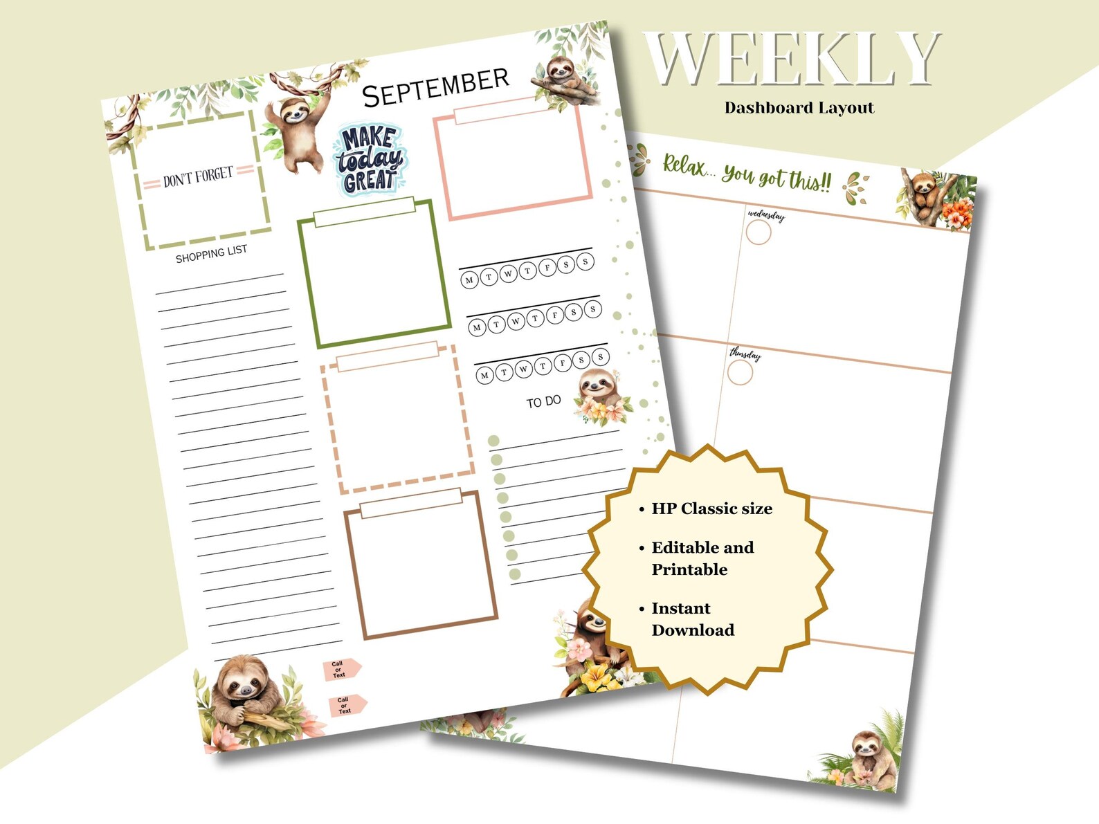 Sloths Weekly Planner Insert; 2 Page Dashboard Layout for HP Classic ...