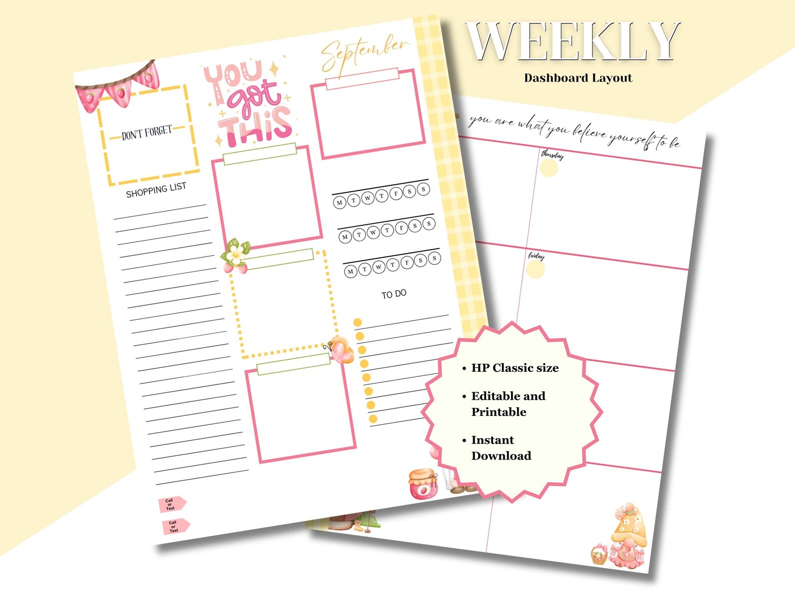 Strawberry Gnomes Weekly Planner Insert; 2 Page Dashboard Layout for HP ...