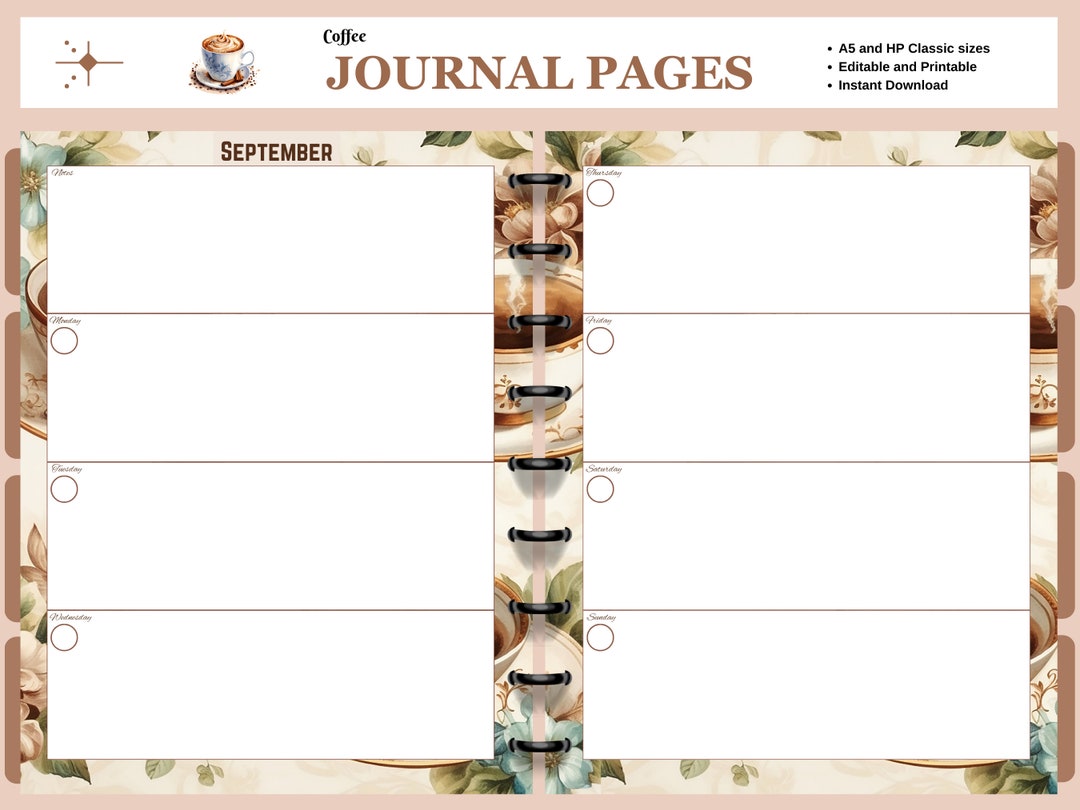 Coffee Weekly Journaling Pages, 2 Page Horizontal Layout for A5 and HP ...