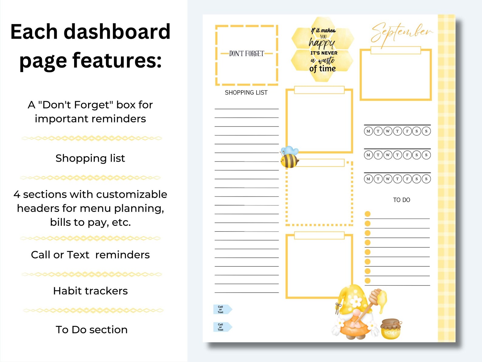 Bee Gnomes Weekly Planner Insert; 2 Page Dashboard Layout for HP ...