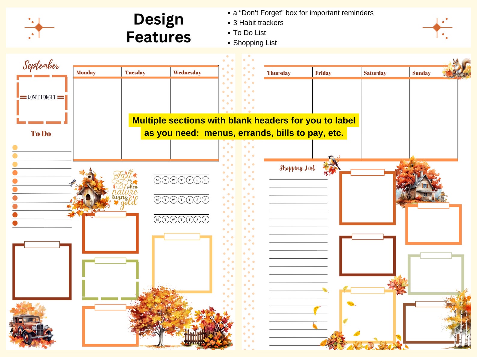 Autumn Leaves Weekly Planner Insert, 2 Page Vertical Layout for Happy ...