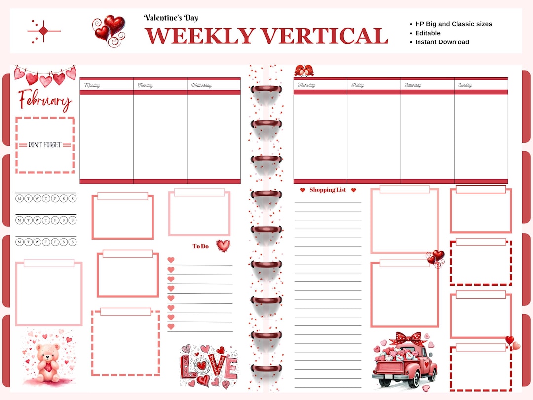 Valentine's Day Weekly Planner Insert; 2 Page Vertical Layout; Happy ...