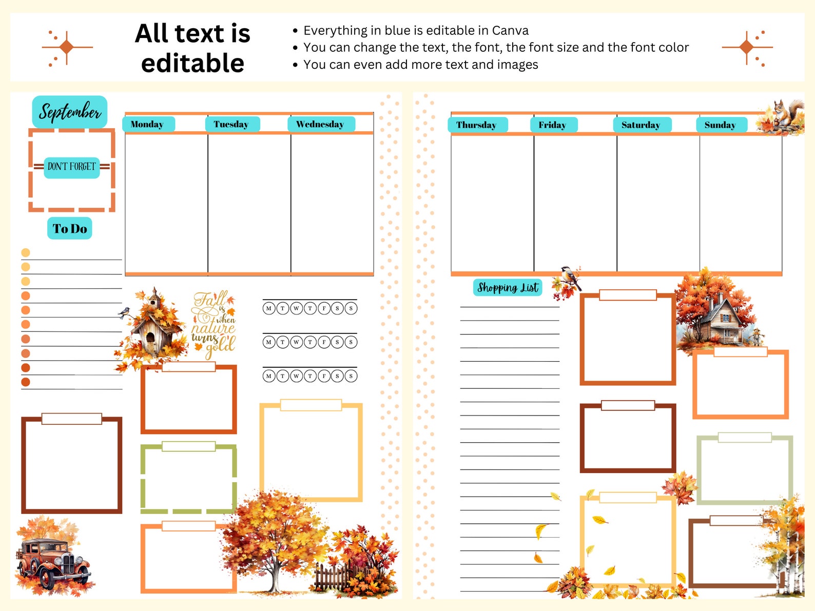 Autumn Leaves Weekly Planner Insert, 2 Page Vertical Layout for Happy ...